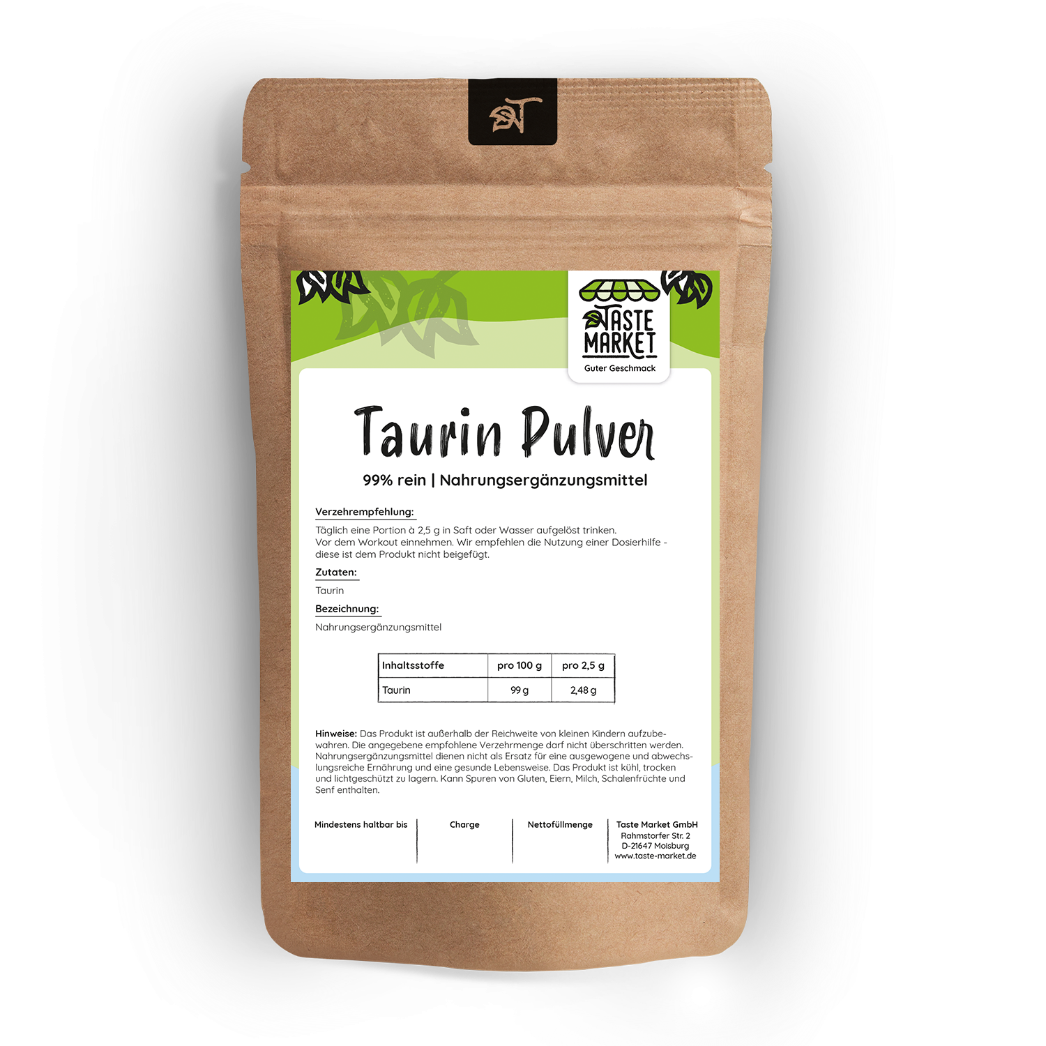 Taurin Pulver 99% rein │ 100g - 10kg │ Online kaufen bei Taste Market